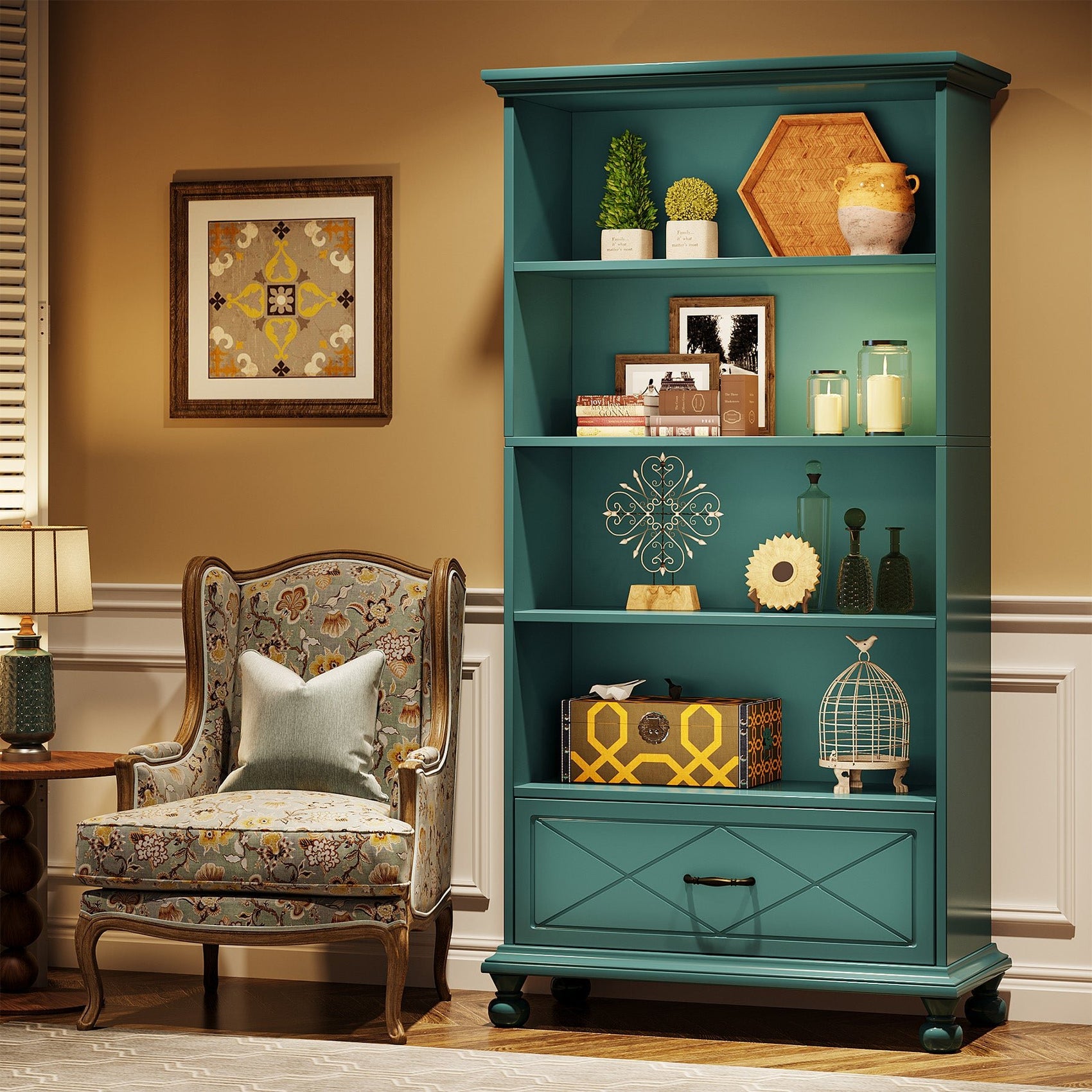 Bookcase 5 Shelf, Bookcase with Drawer and Solid Wood Legs-Tribesigns