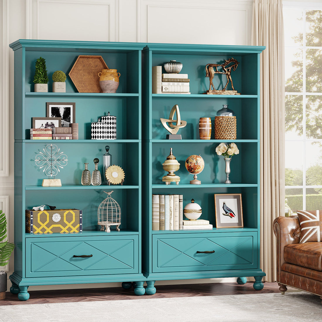 Bookcase 5 Shelf, Bookcase with Drawer and Solid Wood Legs-Tribesigns
