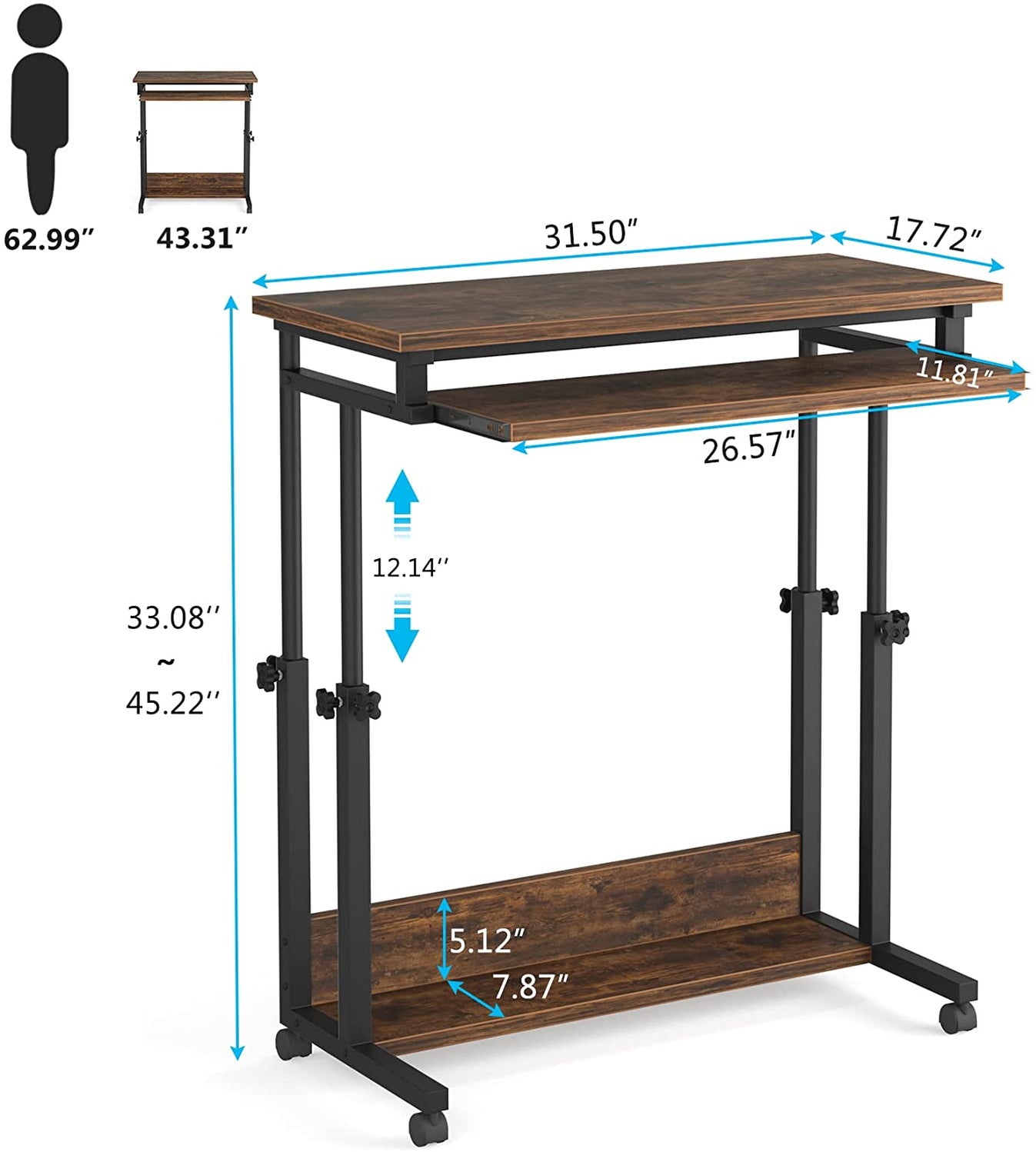 Tribesigns Height Adjustable Desk Rolling Standing Desk Portable Desk