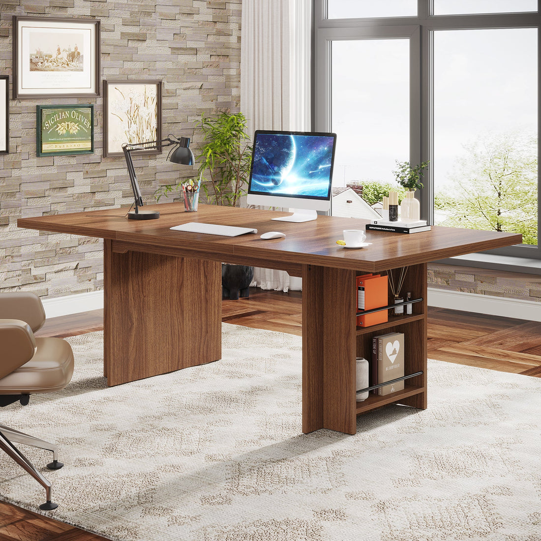 Wood Executive Desk, 63" Large Writing Desk with Storage-Tribesigns