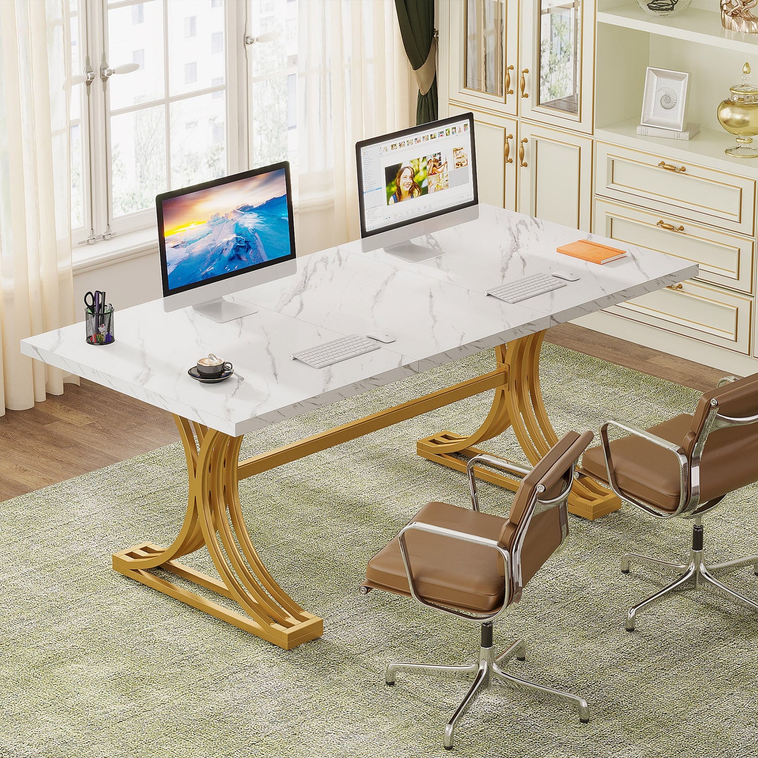 Tribesigns 63'' Modern Executive Computer Desk with Faux Marble Top ...
