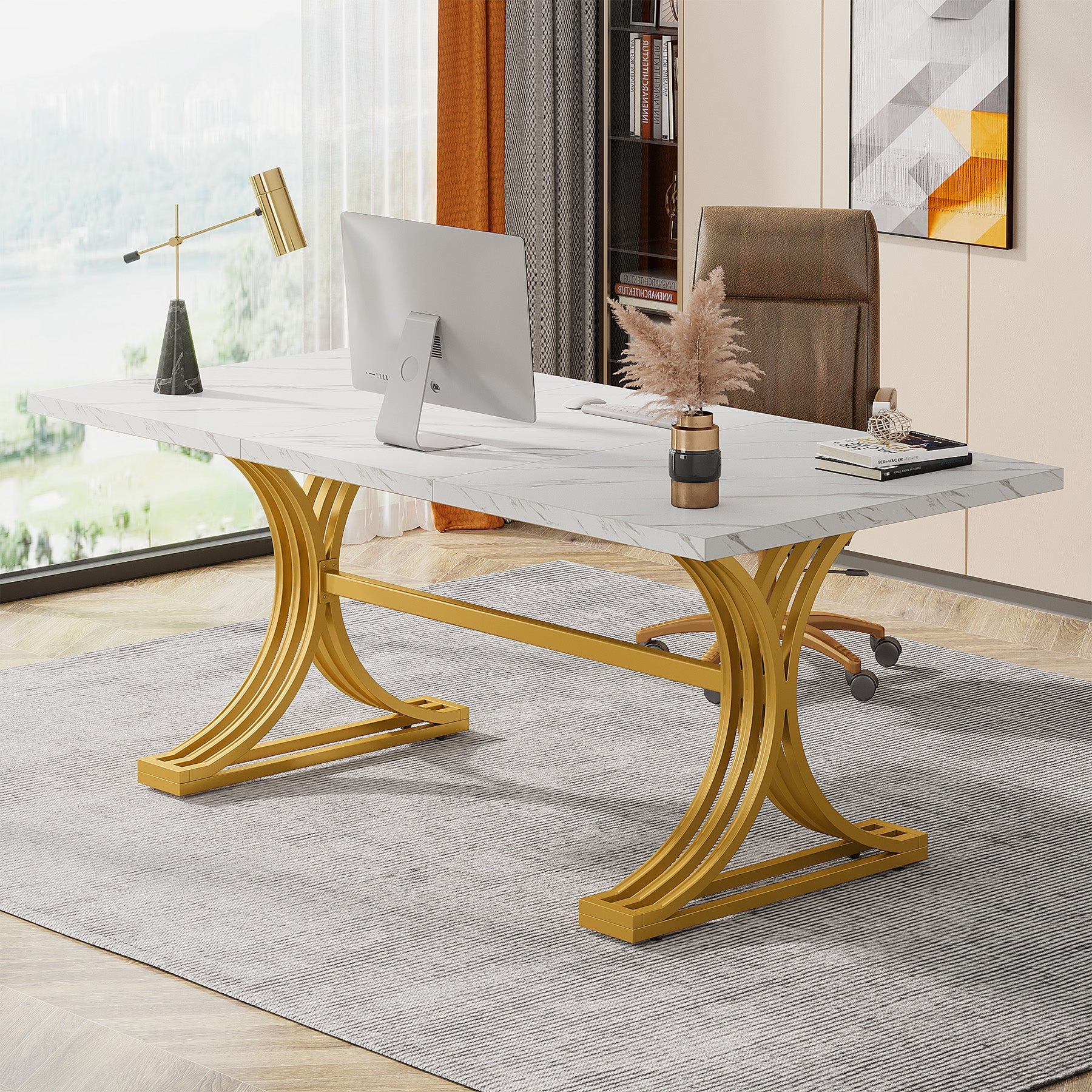 Tribesigns 63'' Modern Executive Computer Desk with Faux Marble Top ...