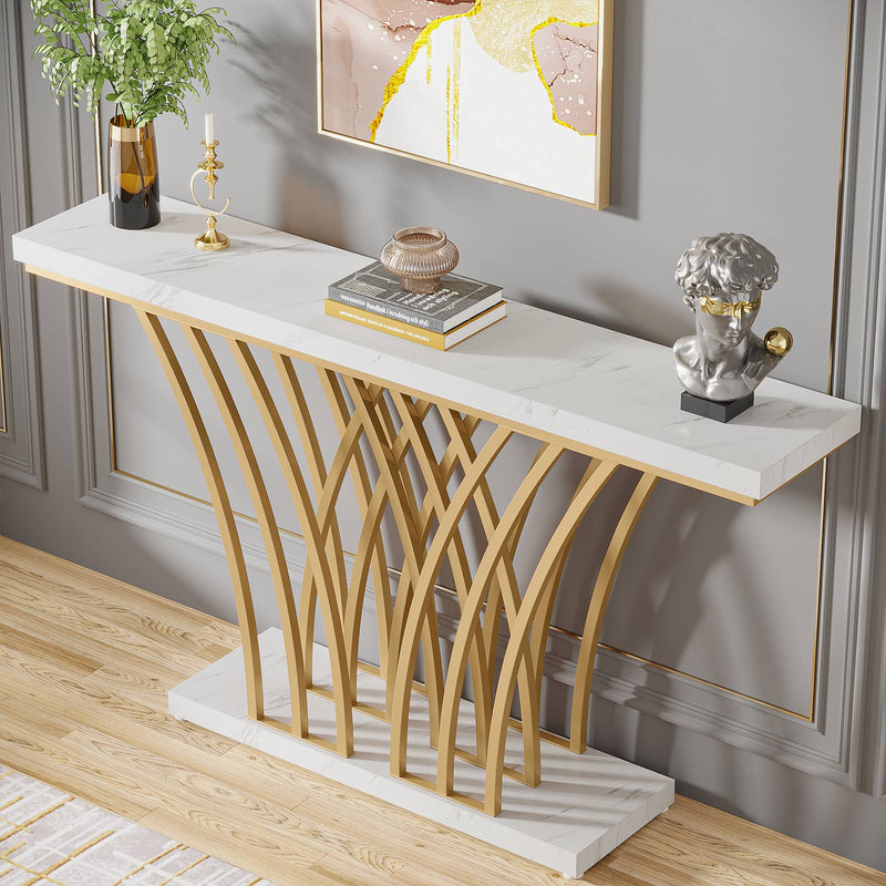 Tribesigns 59" Faux Marble Console Table with Geometric Metal Base ...