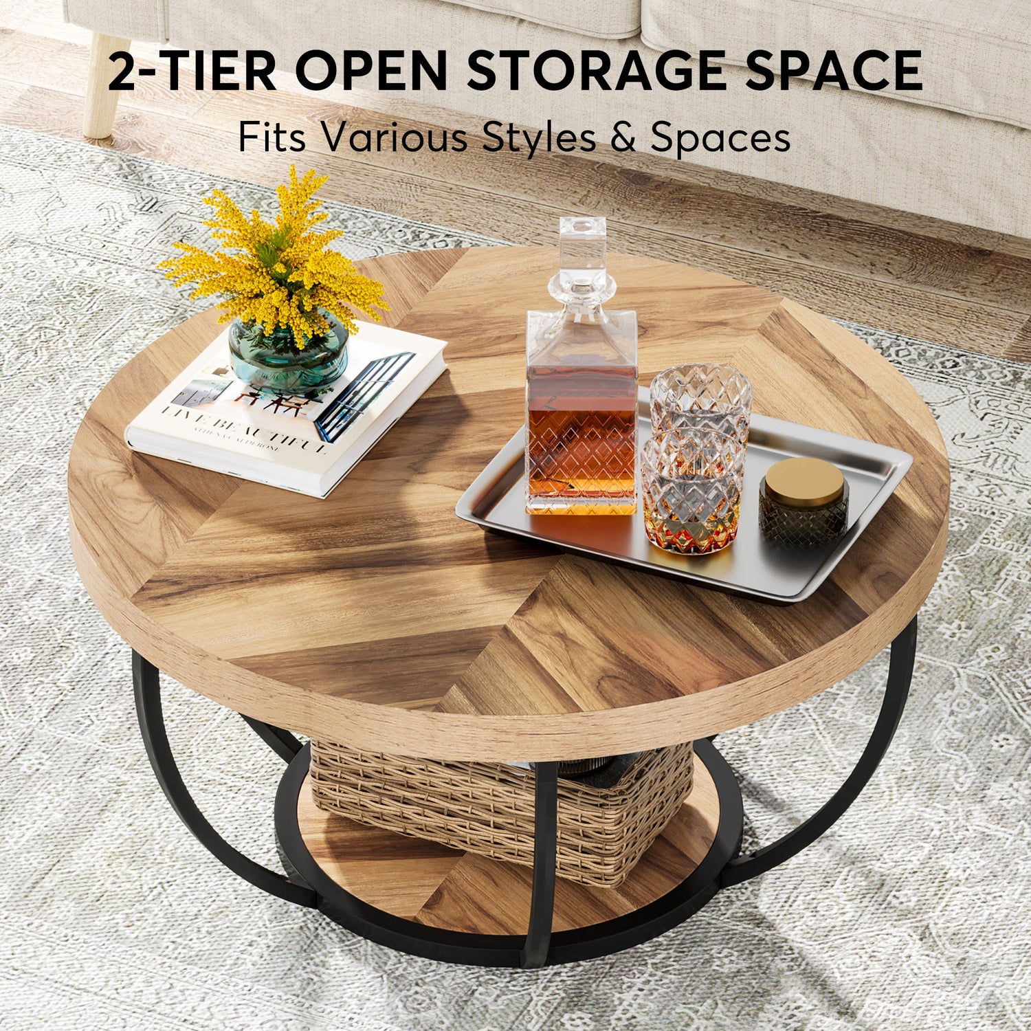 Round Wood Cocktail Table, 2 Tier Coffee Table-Tribesigns
