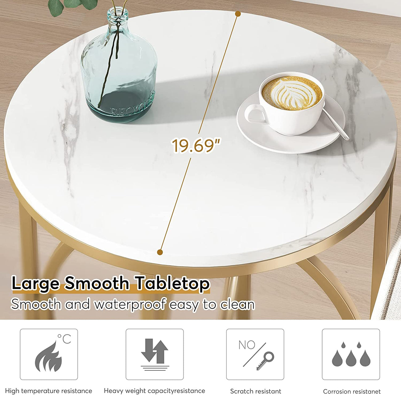 Tribesigns End Table, Round Sofa Side Table with White Faux Marble Top ...