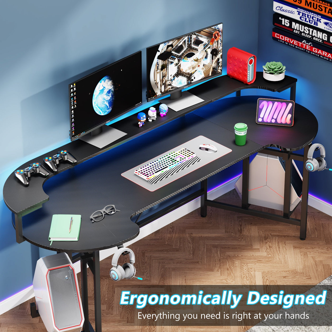 Tribesigns 75" Gaming Computer Desk with LED Strip & Monitor Shelf