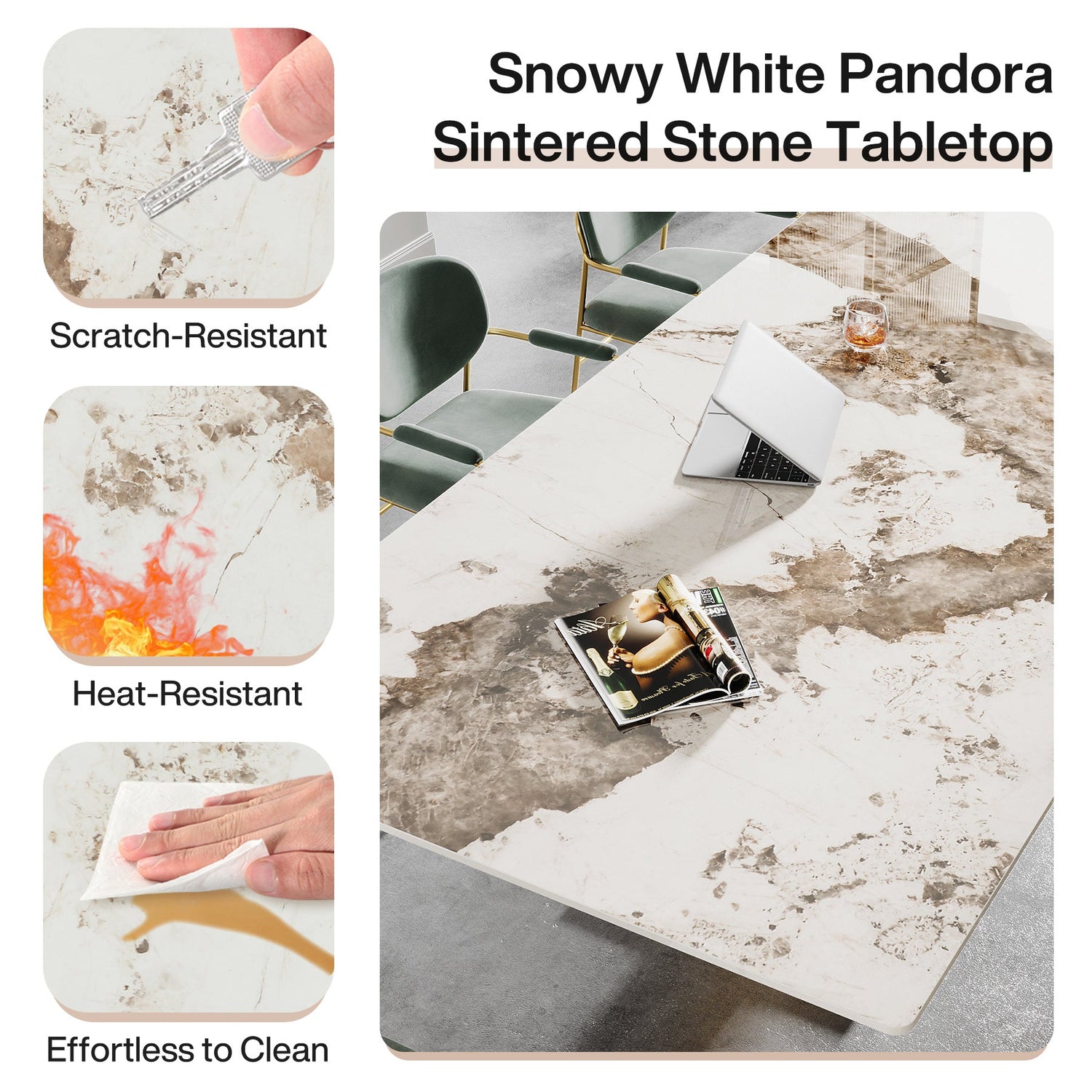 Tribesigns 79" Sintered Stone Dining Table with Stainless Steel Base ...