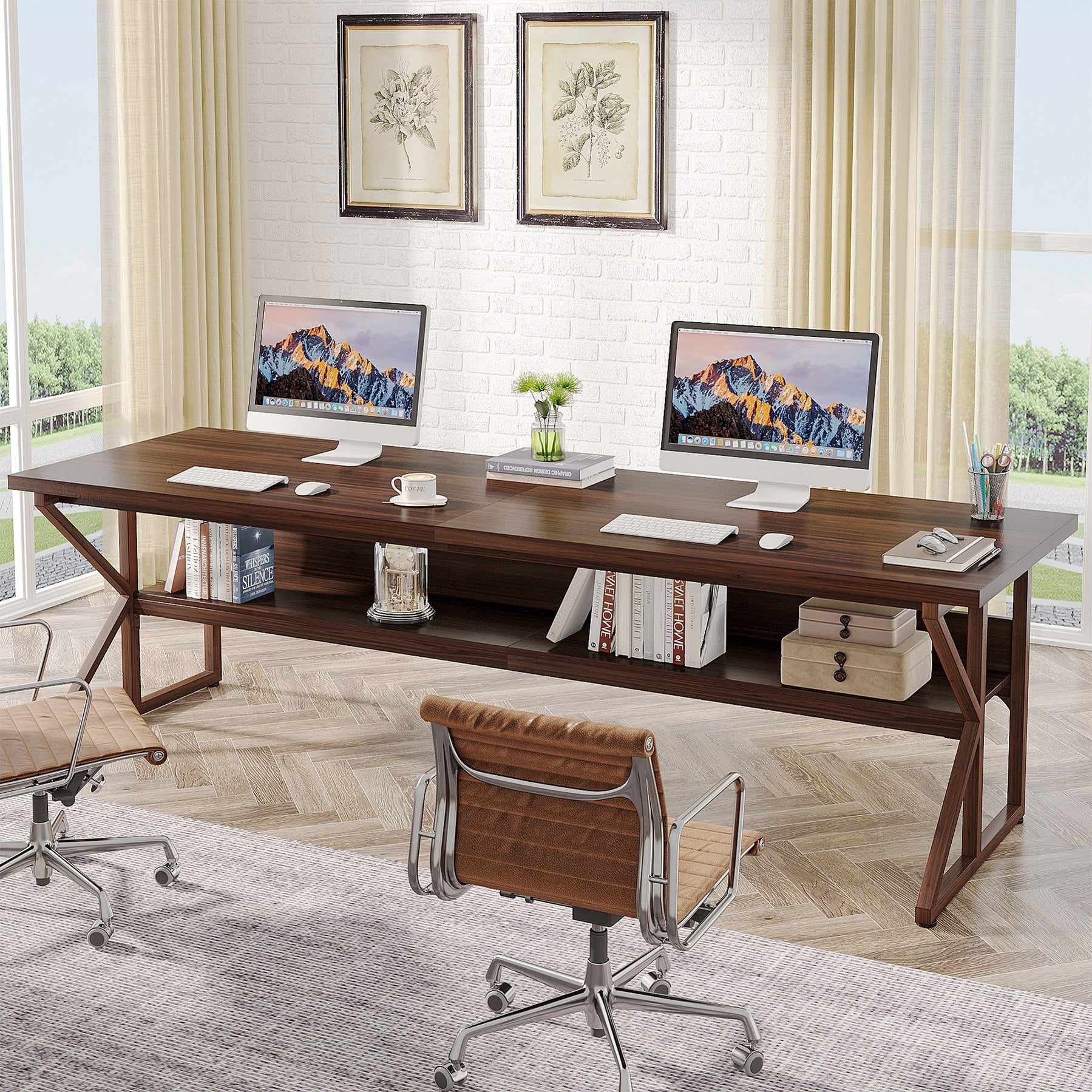 Tribesigns 78" Two Person Desk, Large Computer Desk with Storage Shelf