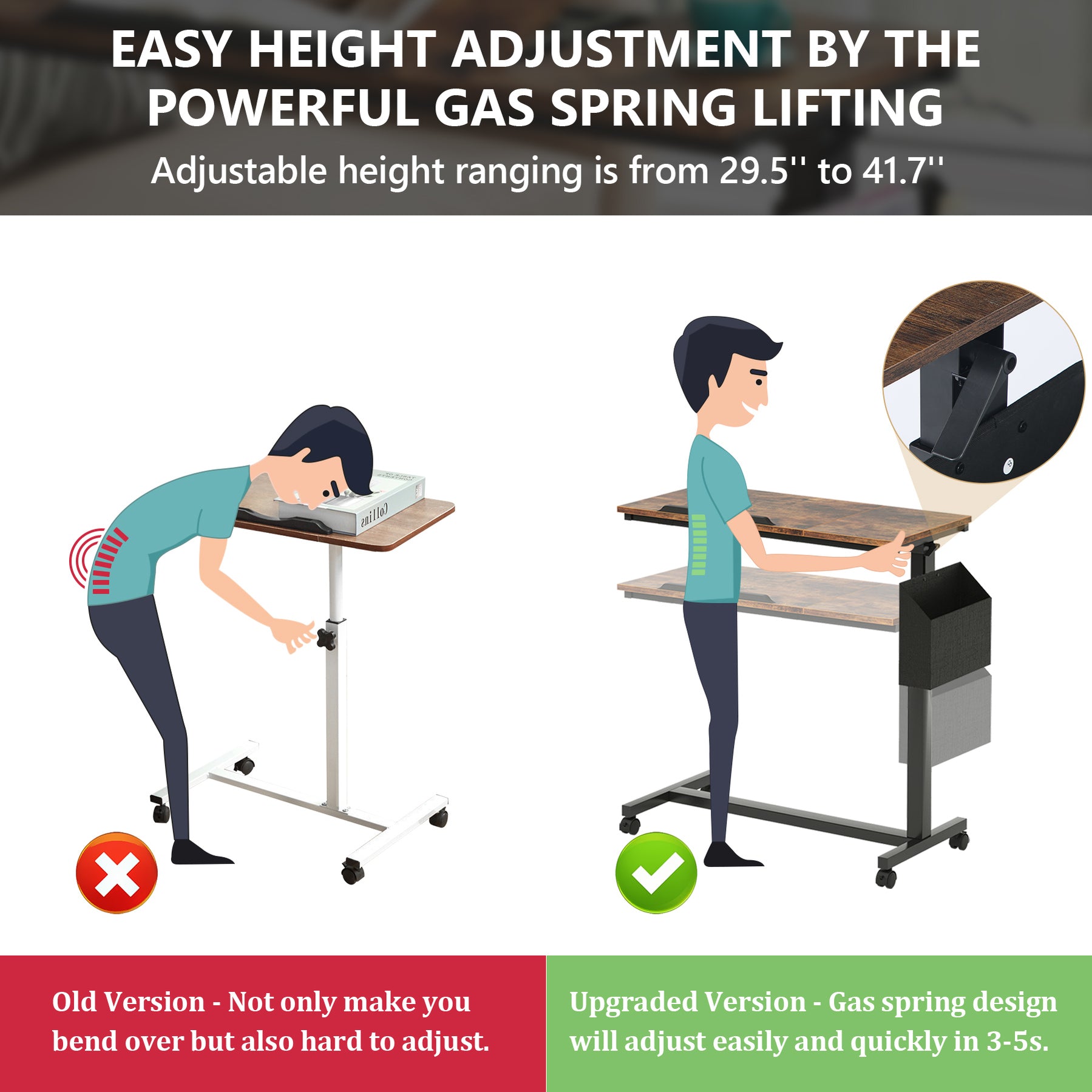 Tribesigns C Table, Height Adjustable Sofa End Table with Wheels