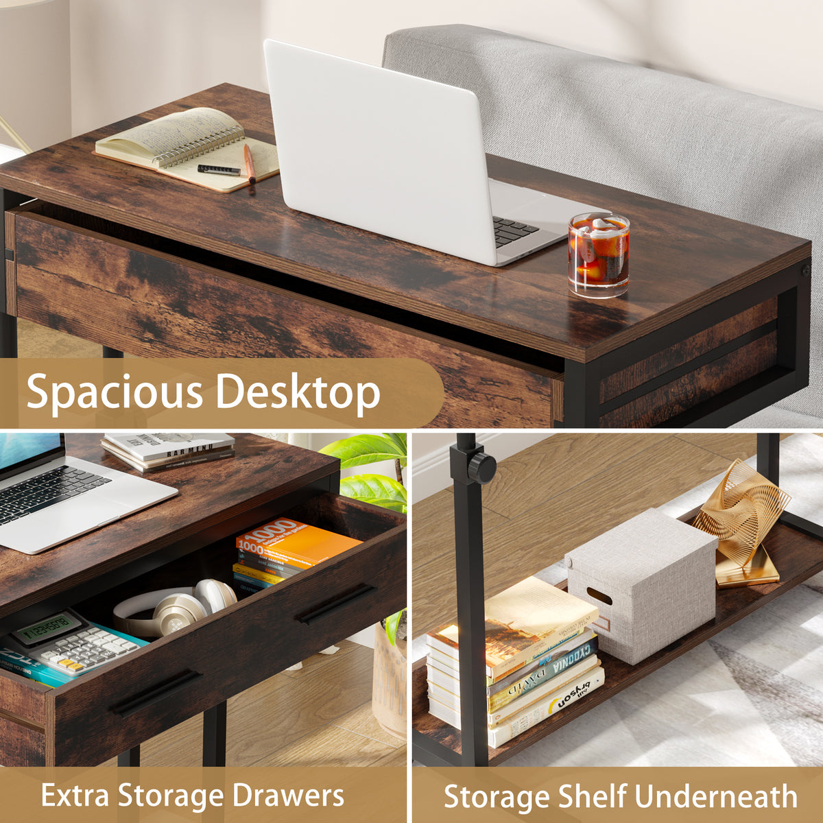 Tribesigns Height Adjustable Desk Mobile Side Table with Drawers-Tribesigns
