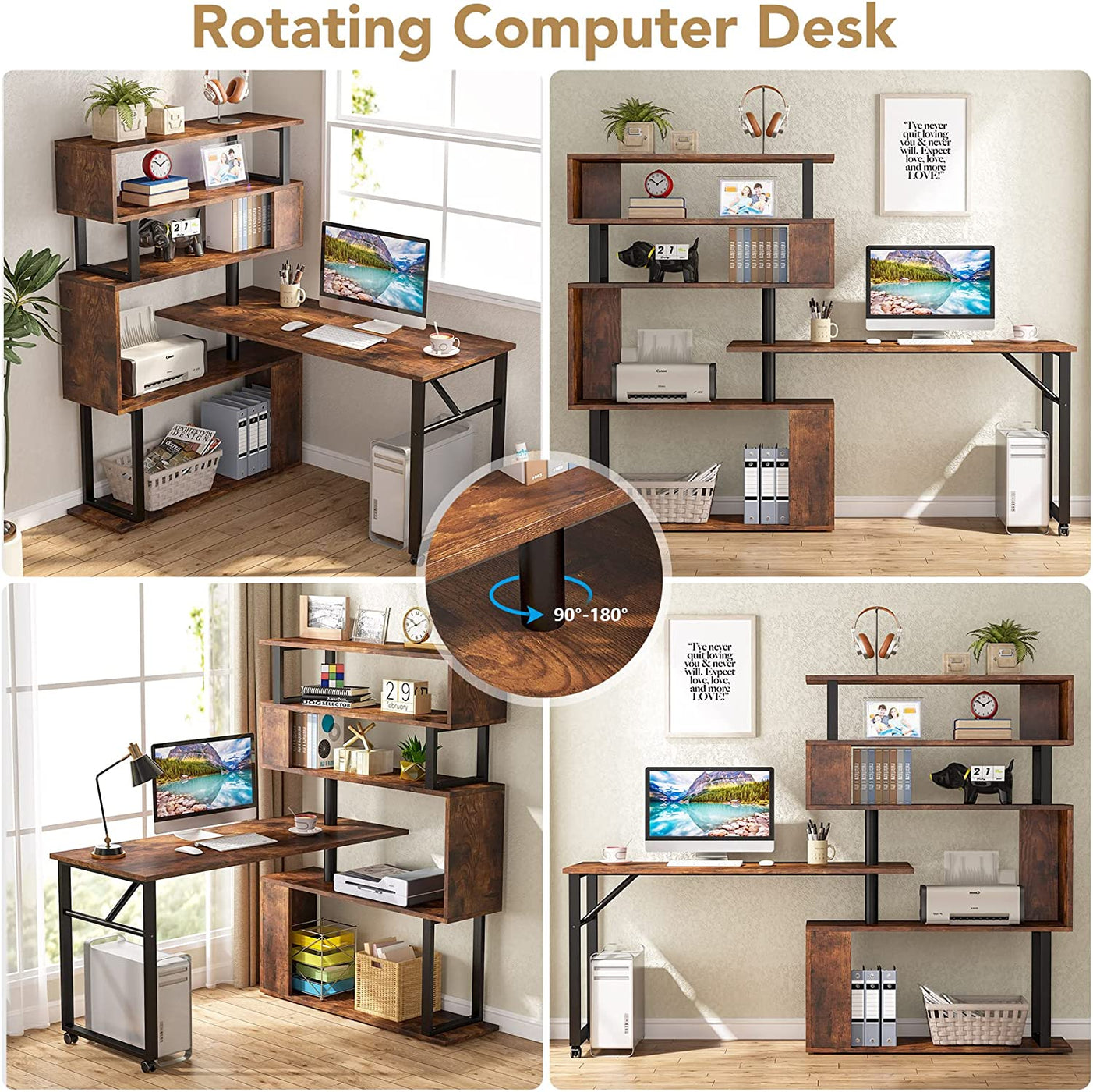 Tribesigns 47'' Rotating Computer Desk with 5-Tier Bookshelves
