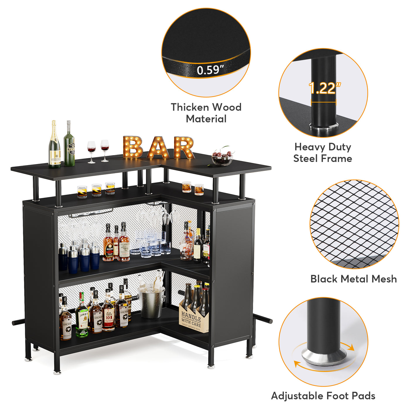 Tribesigns L-Shaped Home Bar Unit with Glasses Holders & Shelves