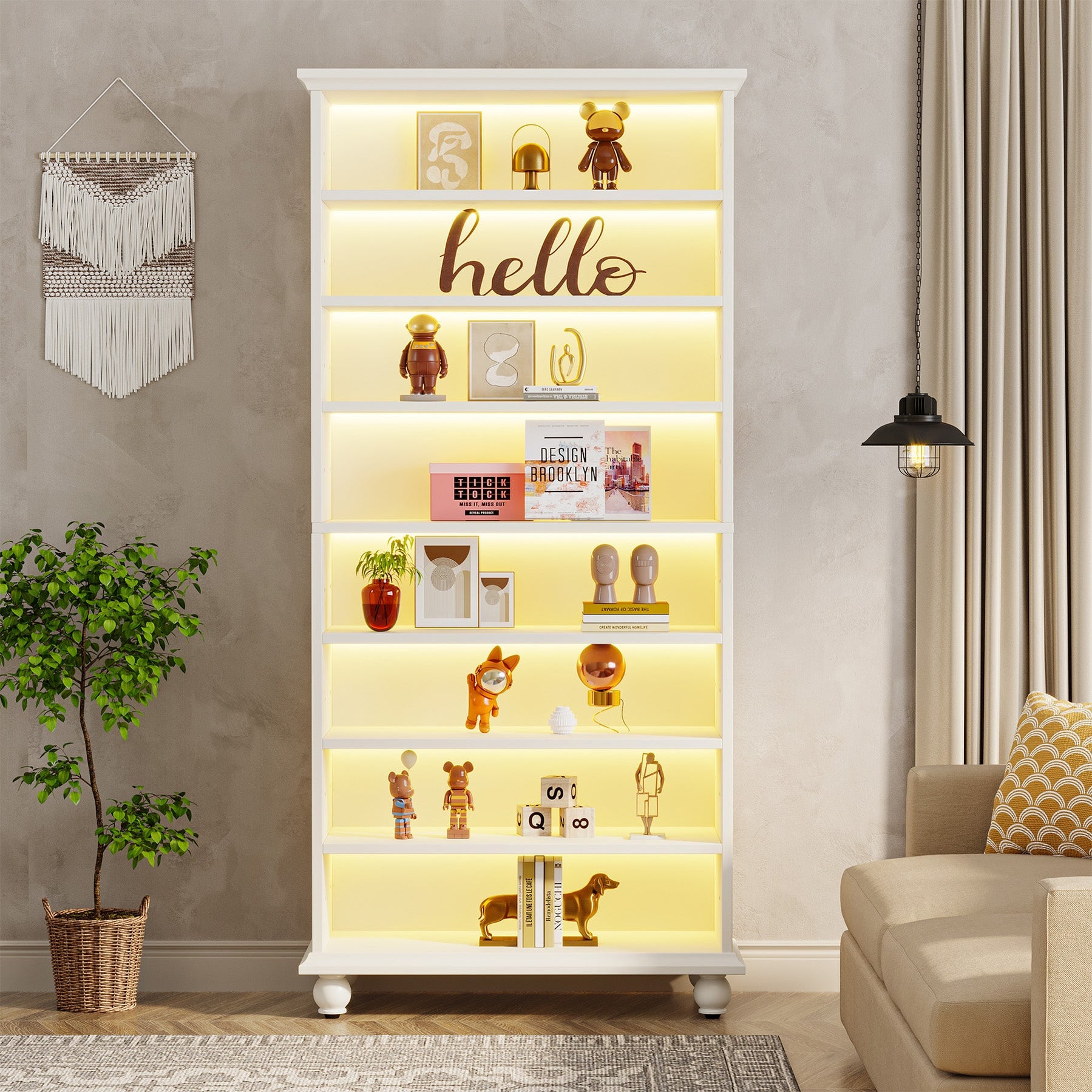 Tribesigns 9-Tier Bookcase with LED Lighting & Solid Wood Legs