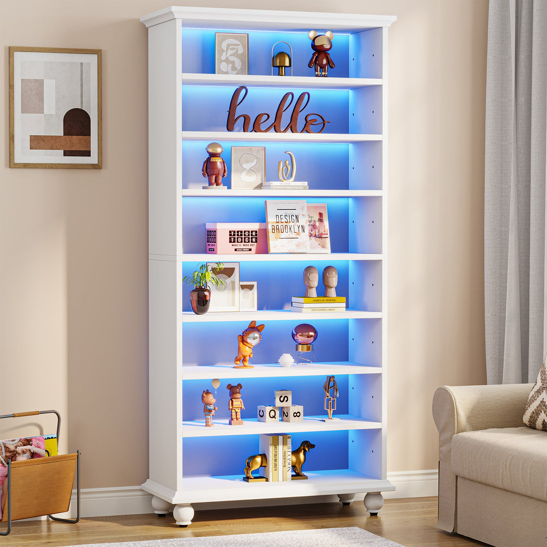 9-Tier Bookshelf with LED Lights, Bookcase with Solid Wood Legs-Tribesigns