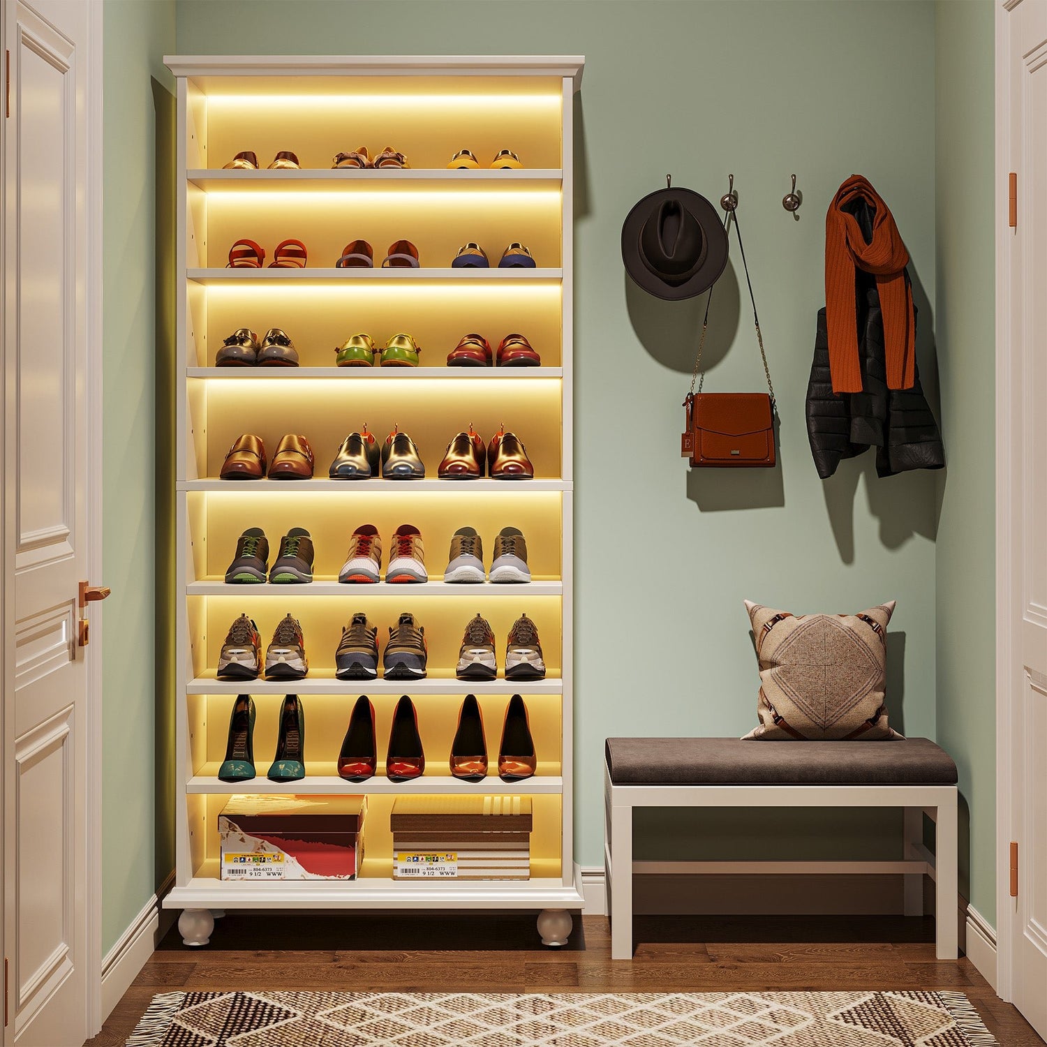 Tribesigns 9-Tier Shoe Cabinet with LED Lighting & Solid Wood Legs ...
