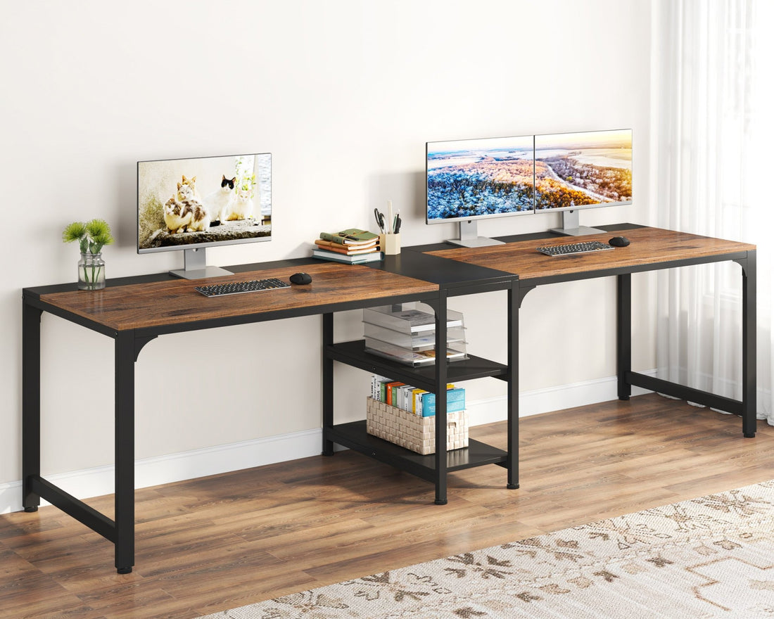 Tribesigns Two Person Desk, 90.55" Double Computer Desk with Shelves ...