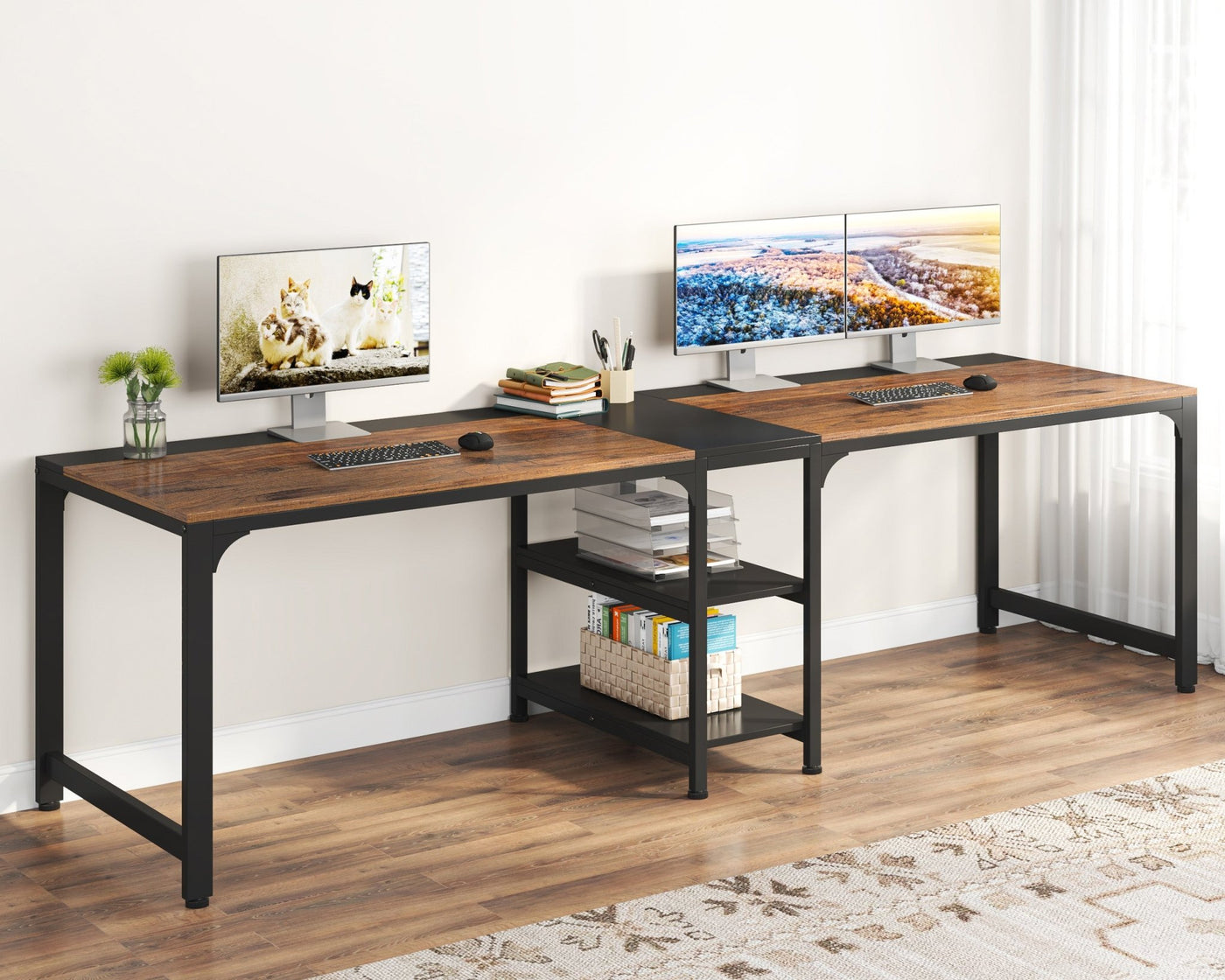 Tribesigns Two Person Desk, 90.55" Double Computer Desk with Shelves ...