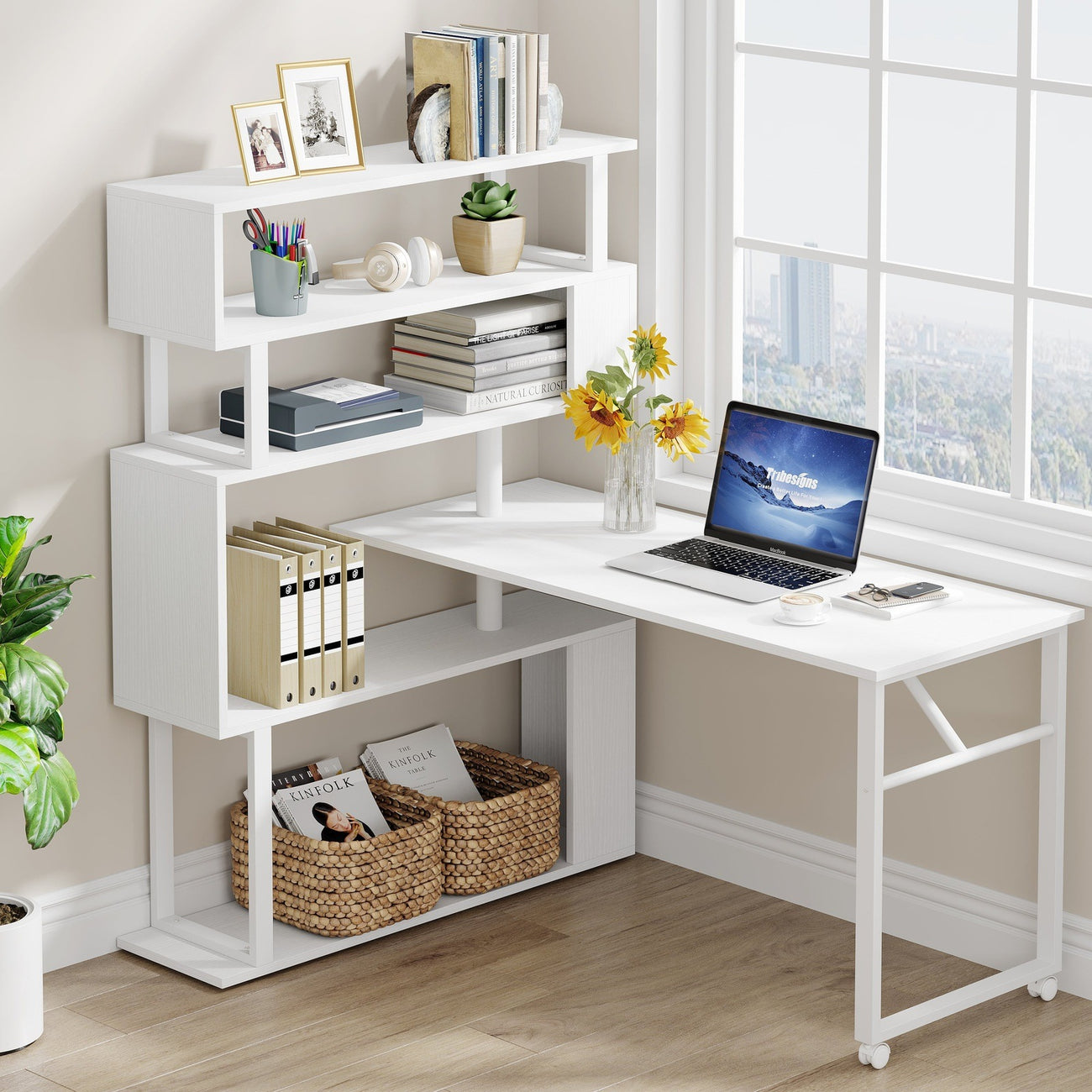 Tribesigns 47'' Rotating Computer Desk with 5-Tier Bookshelves-Tribesigns
