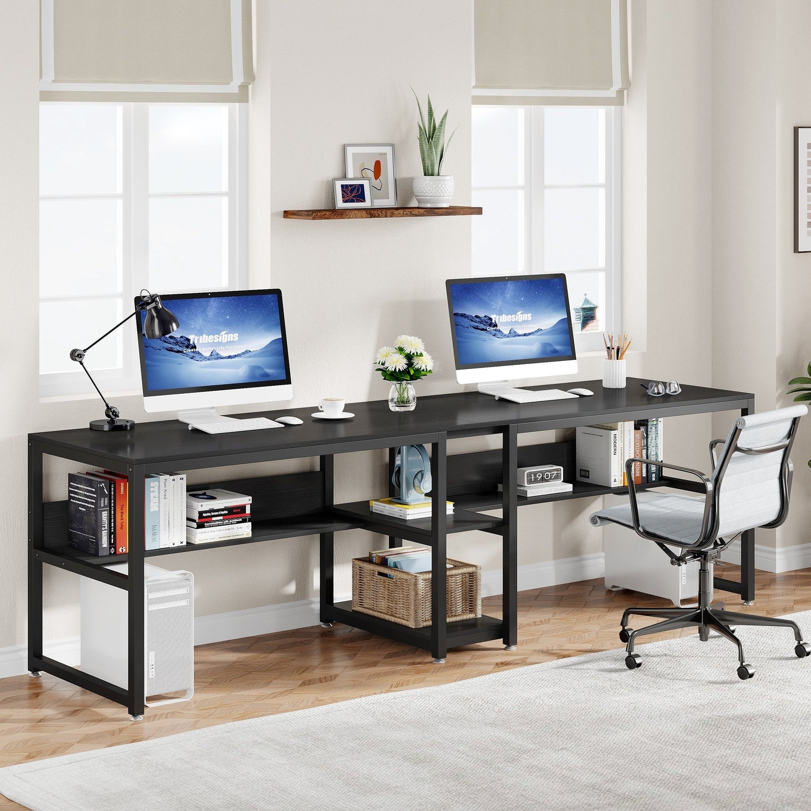 Tribesigns Double Workstation Desk with Shelves