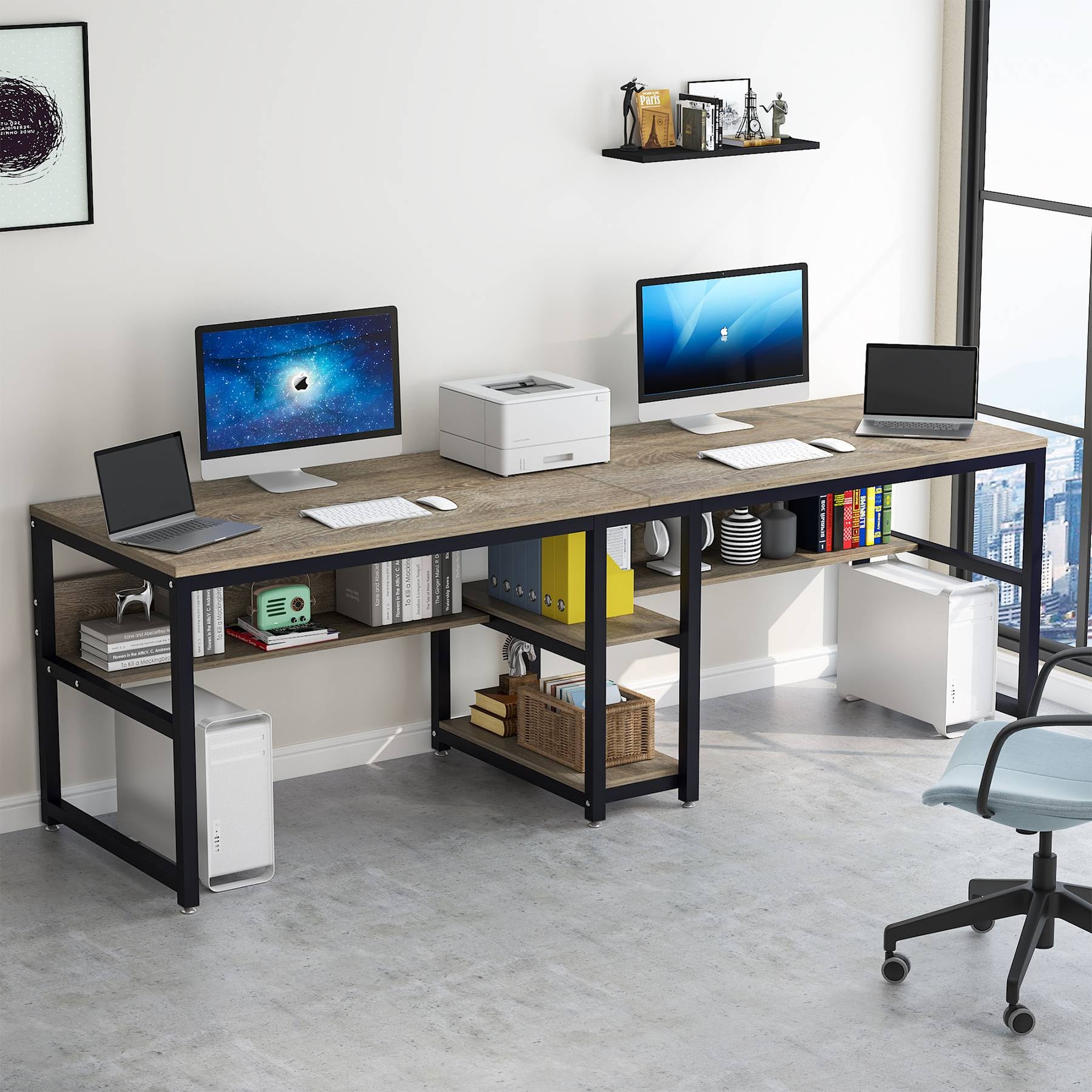 Tribesigns Double Workstation Desk with Shelves