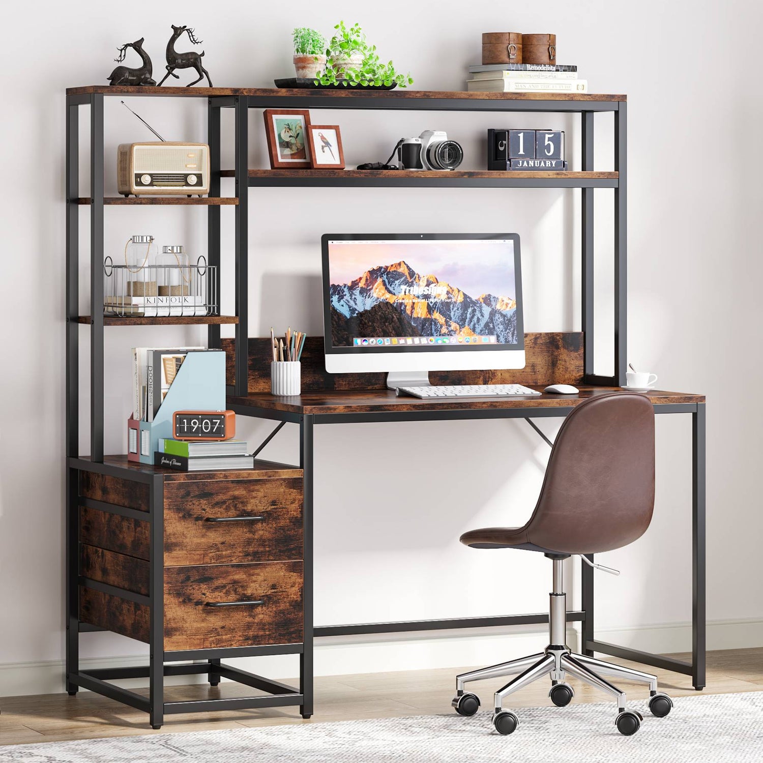 Tribesigns 60" Tall Computer Desk with 2 Drawers and Shelves-Tribesigns