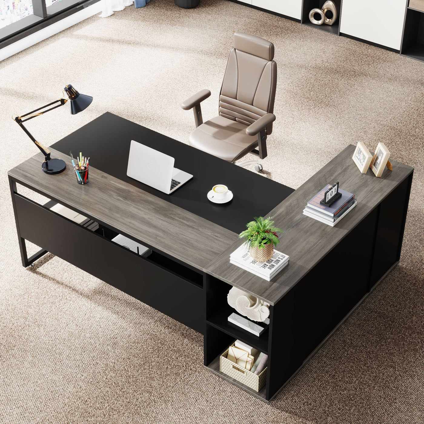 Tribesigns 71'' L-Shaped Executive Desk with Shelves & File Cabinet