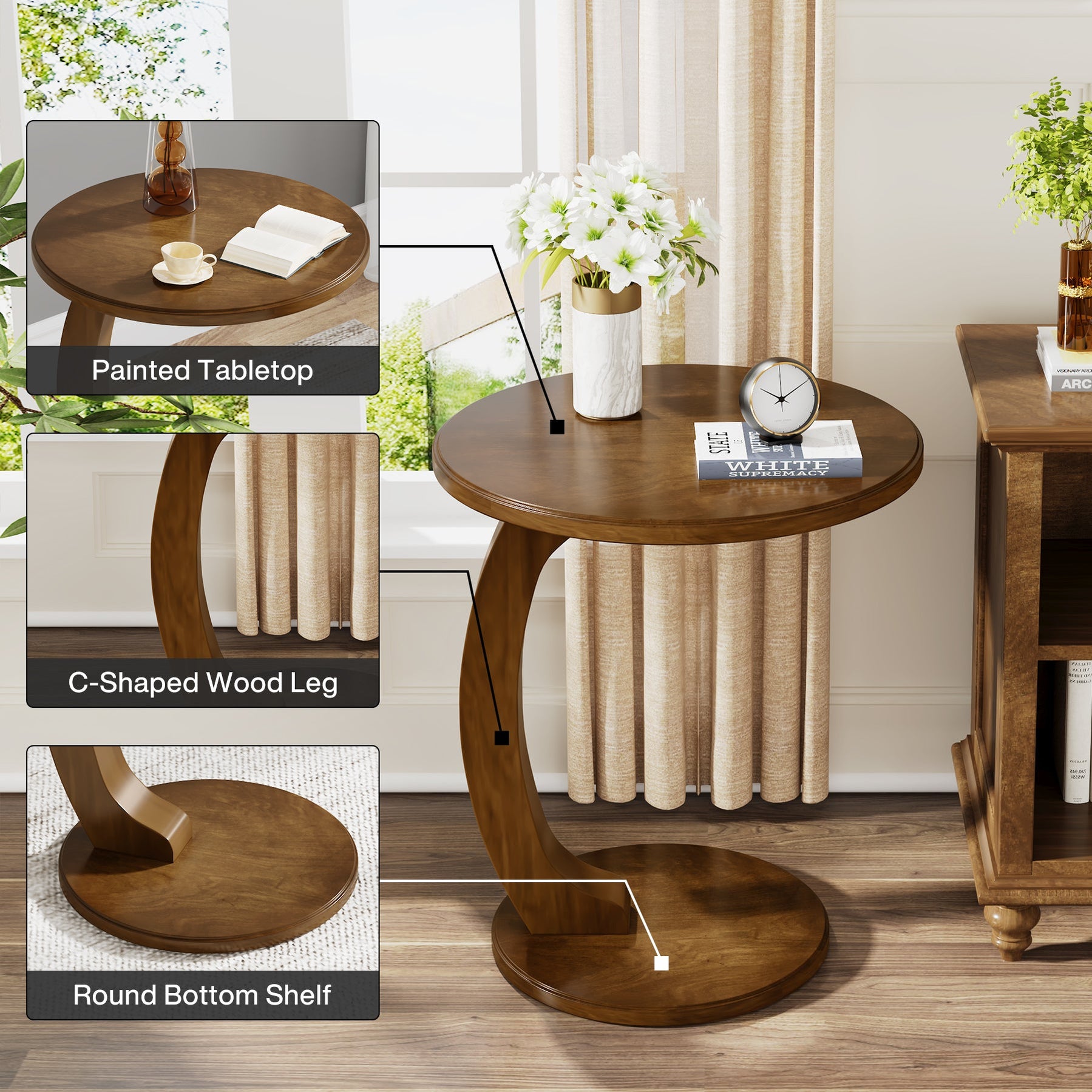 Tribesigns C-Shaped End Table, Round Wood Side Table for Living Room