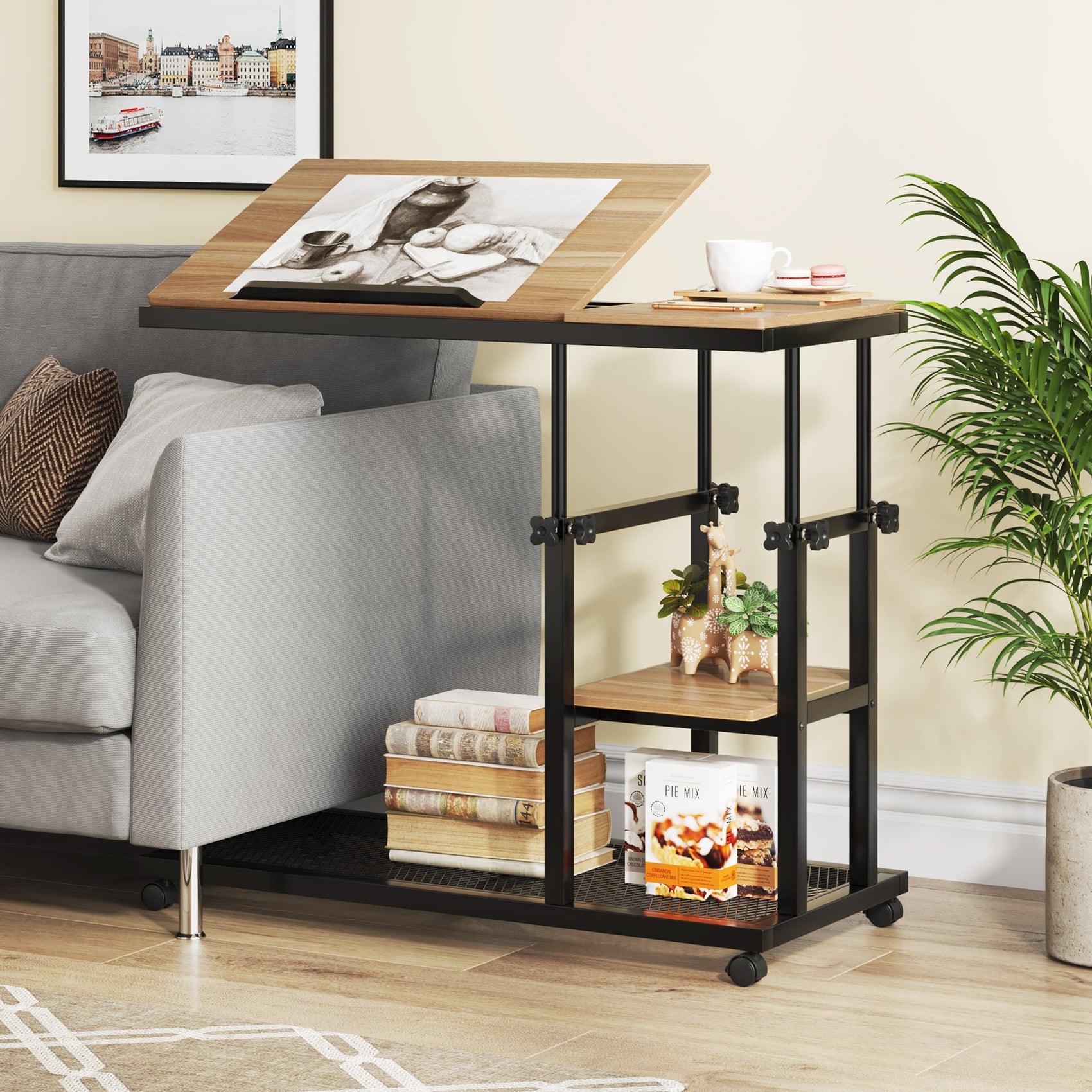 C Table Height Adjustable, Couch Table Tray with Wheels-Tribesigns