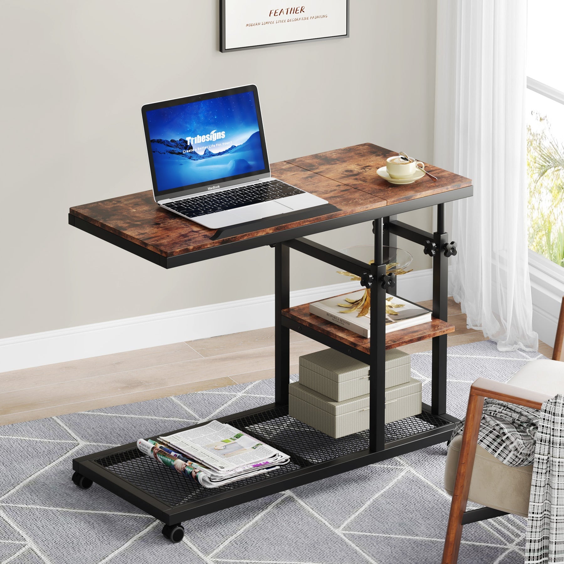 Tribesigns C Table, Height Adjustable Snack Tray Table with Wheels