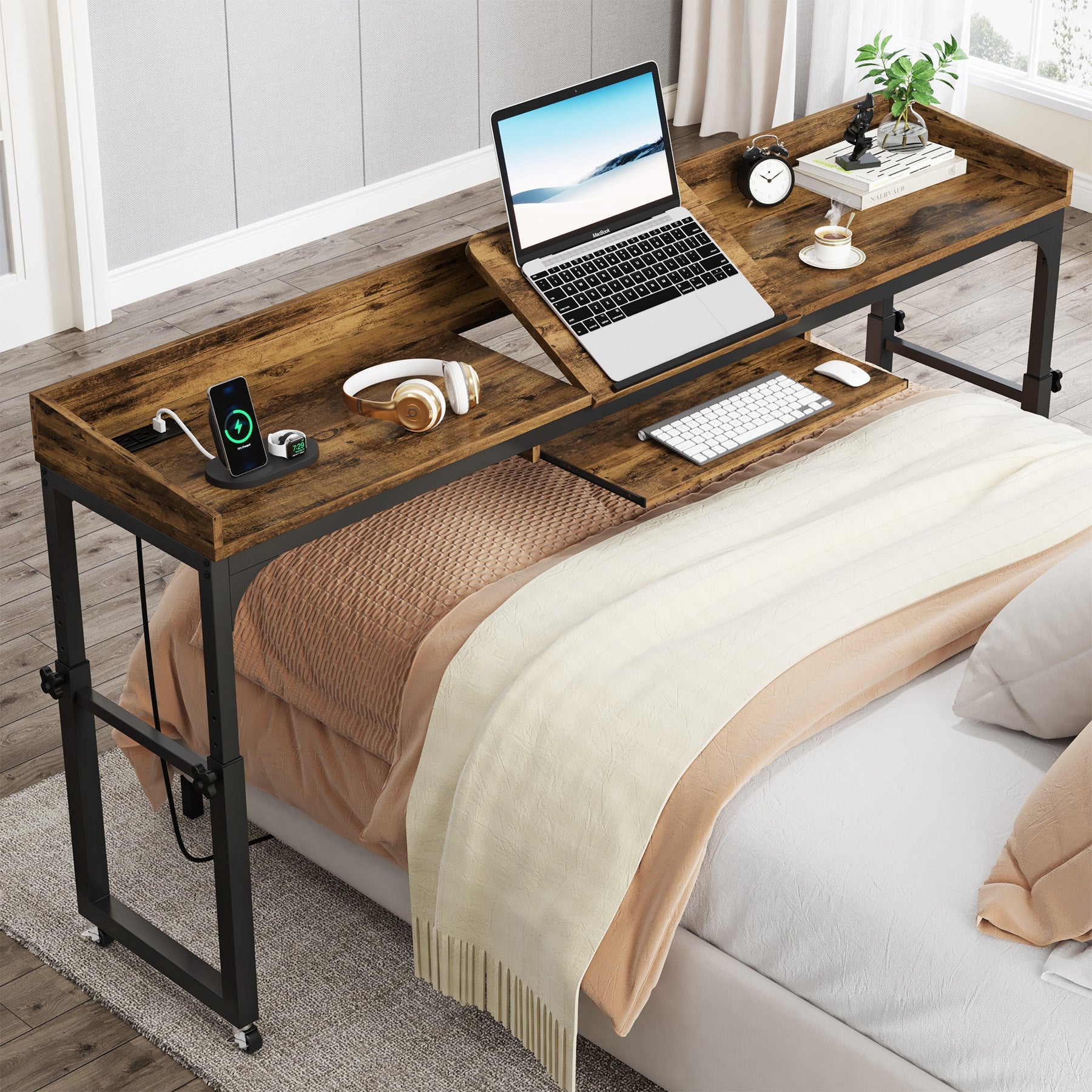 Overbed Table with Wheels, Adjustable Bed Table Over Bed-Tribesigns