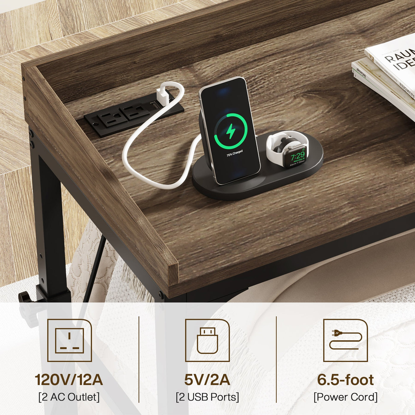 Tribesigns Mobile Adjustable Overbed Table with Charging Station