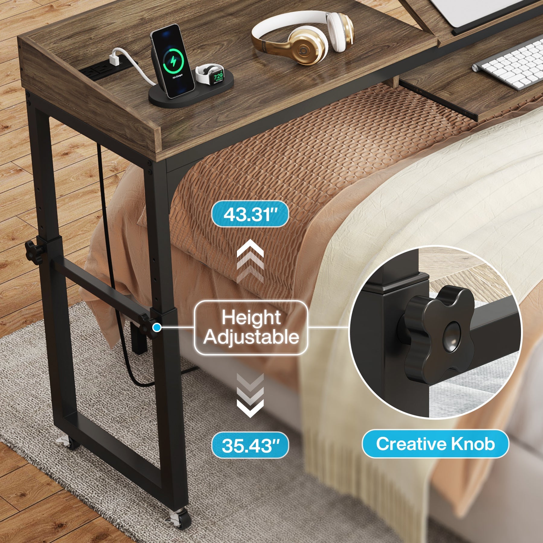 Tribesigns Mobile Adjustable Overbed Table with Charging Station