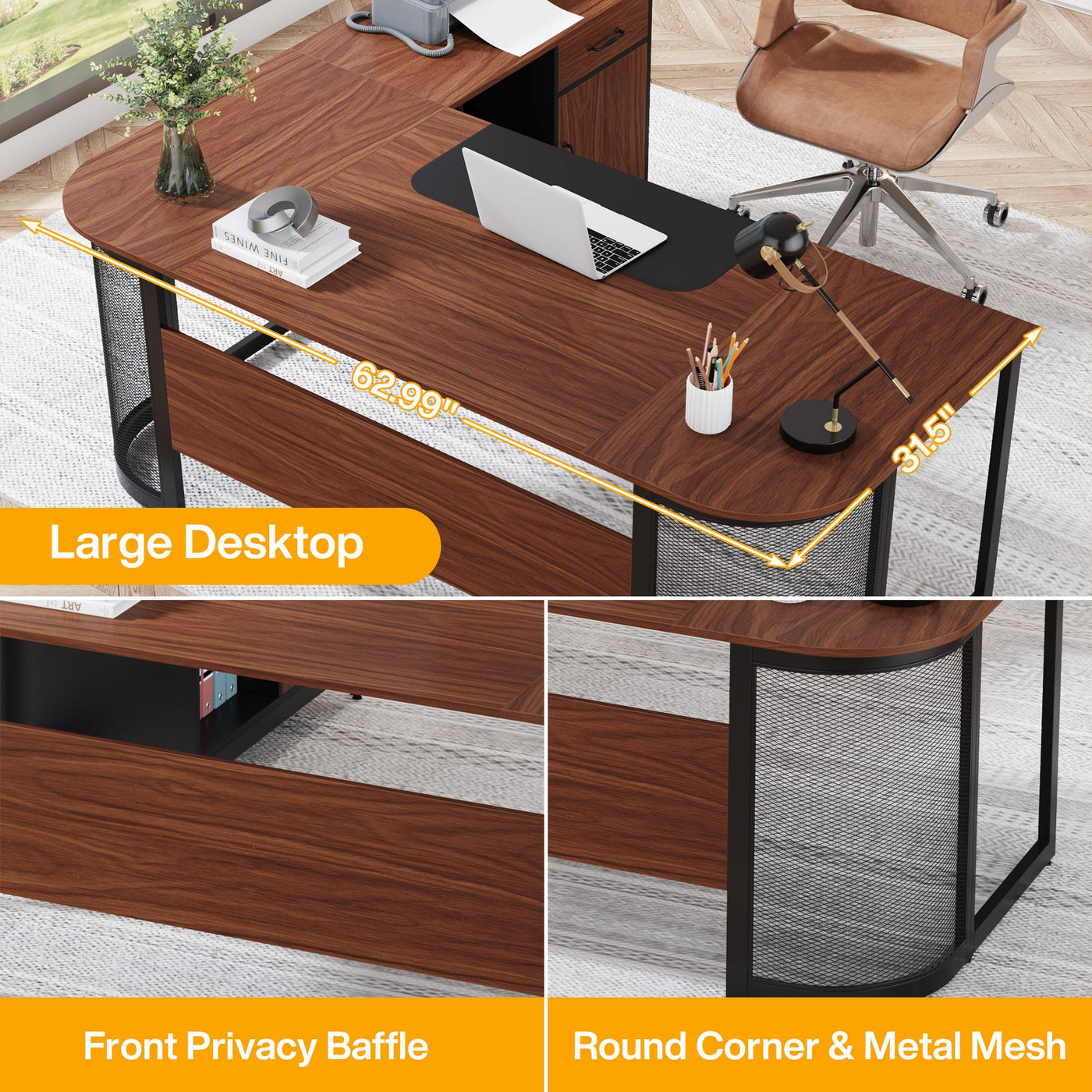 Tribesigns L-Shaped Desk, 63" Executive Desk with 31" Cabinet