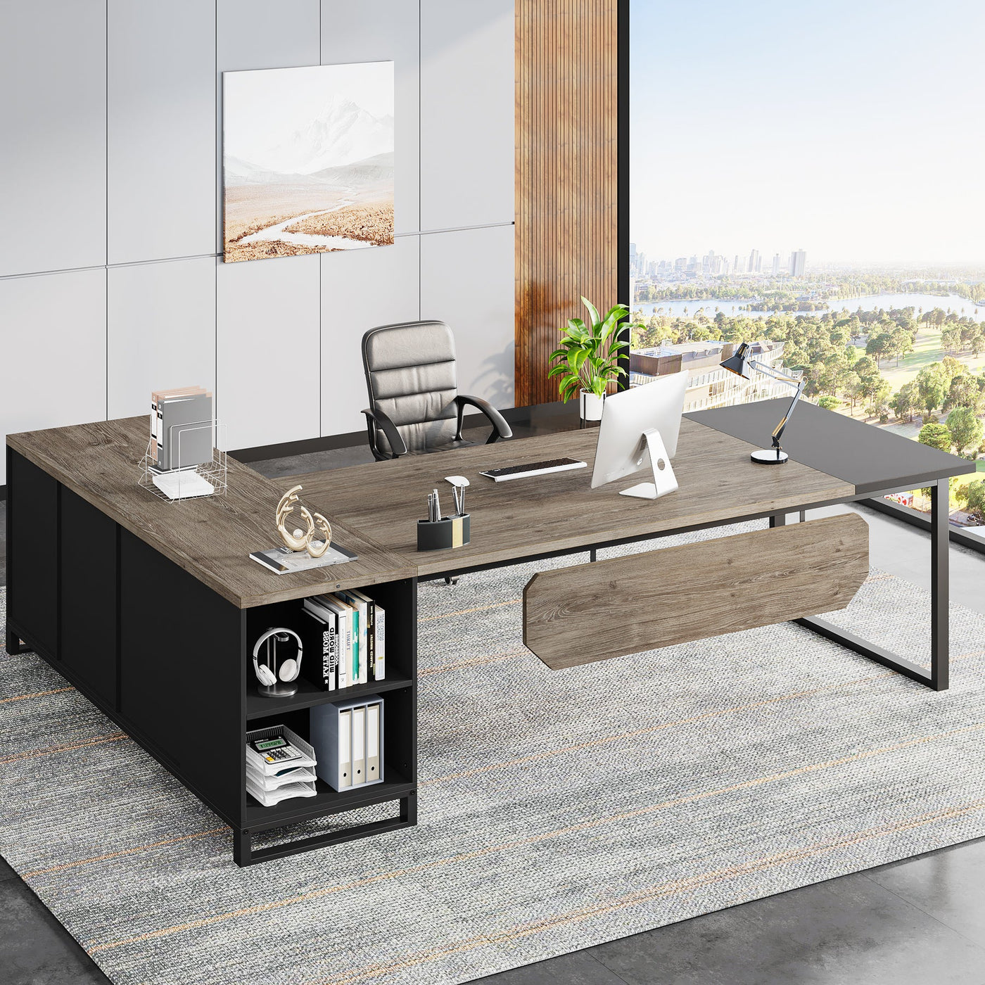 Tribesigns 86.6'' L-Shaped Executive Desk with 55" File Cabinet