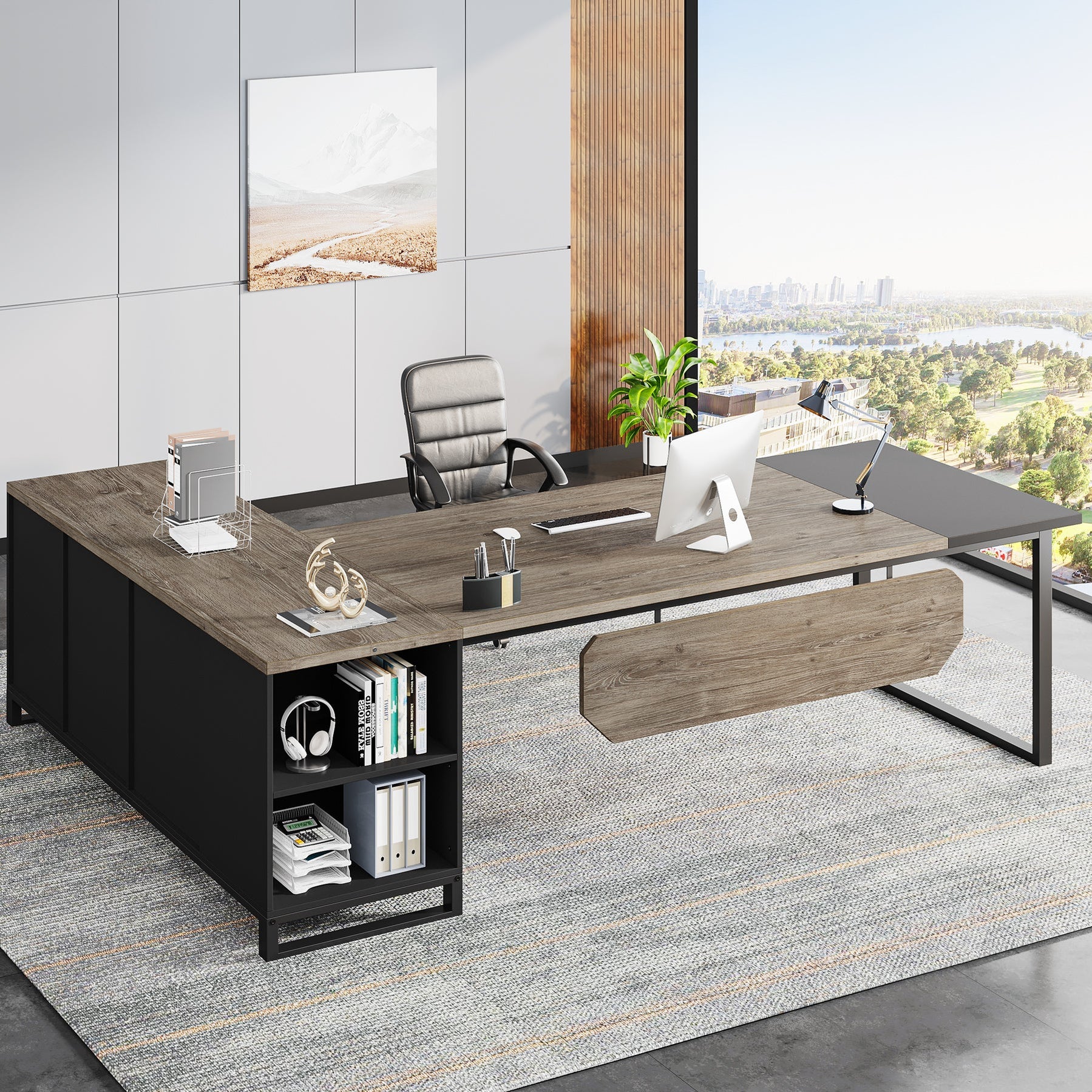 Tribesigns 86.6'' L-Shaped Executive Desk with 55" File Cabinet