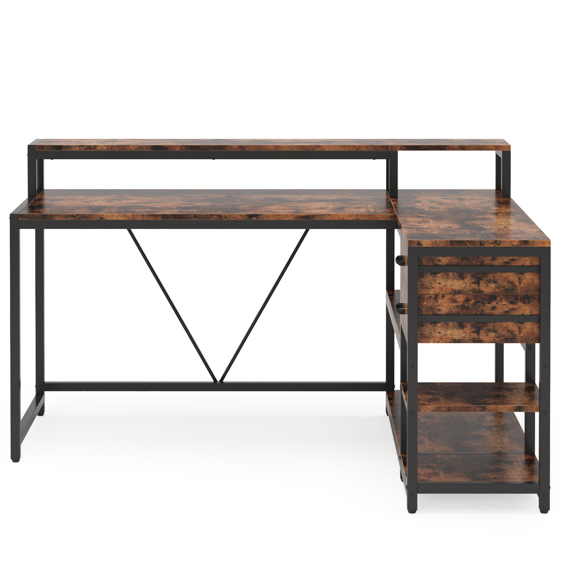 Industrial Metal Desk with Drawer, Corner Desk and Shelves-Tribesigns