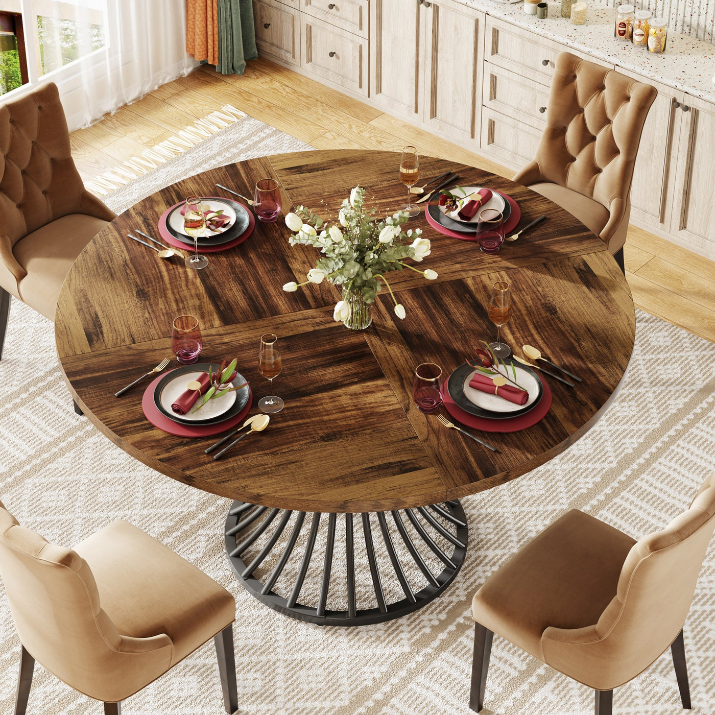 47" Round Dining Table for 4-6, Circle Farmhouse Table-Tribesigns