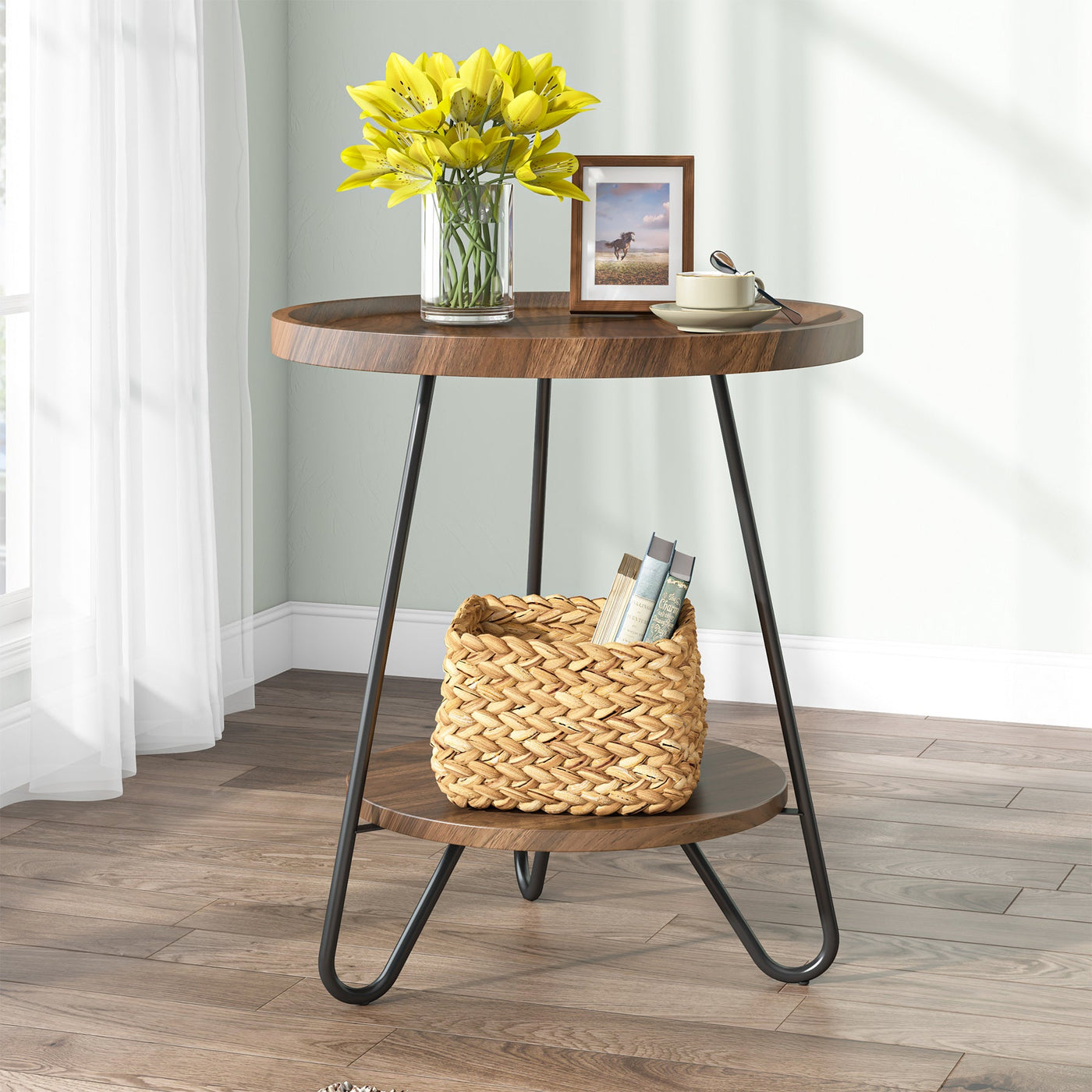 Tribesigns End Table, 2-Tier Round Side Table with Metal Legs