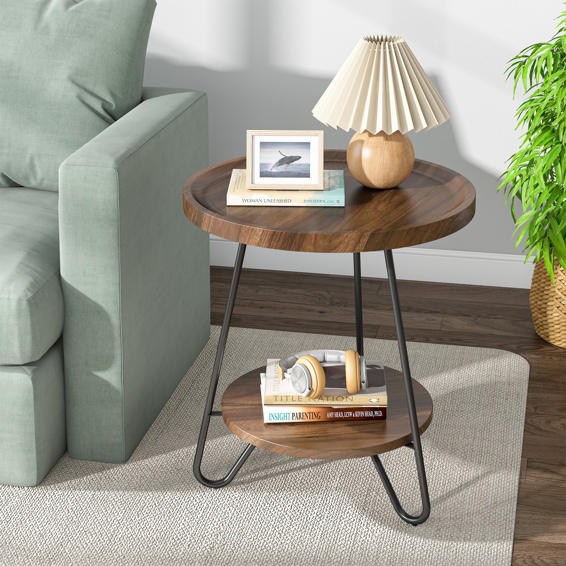 Tribesigns End Table, 2-Tier Round Side Table with Metal Legs