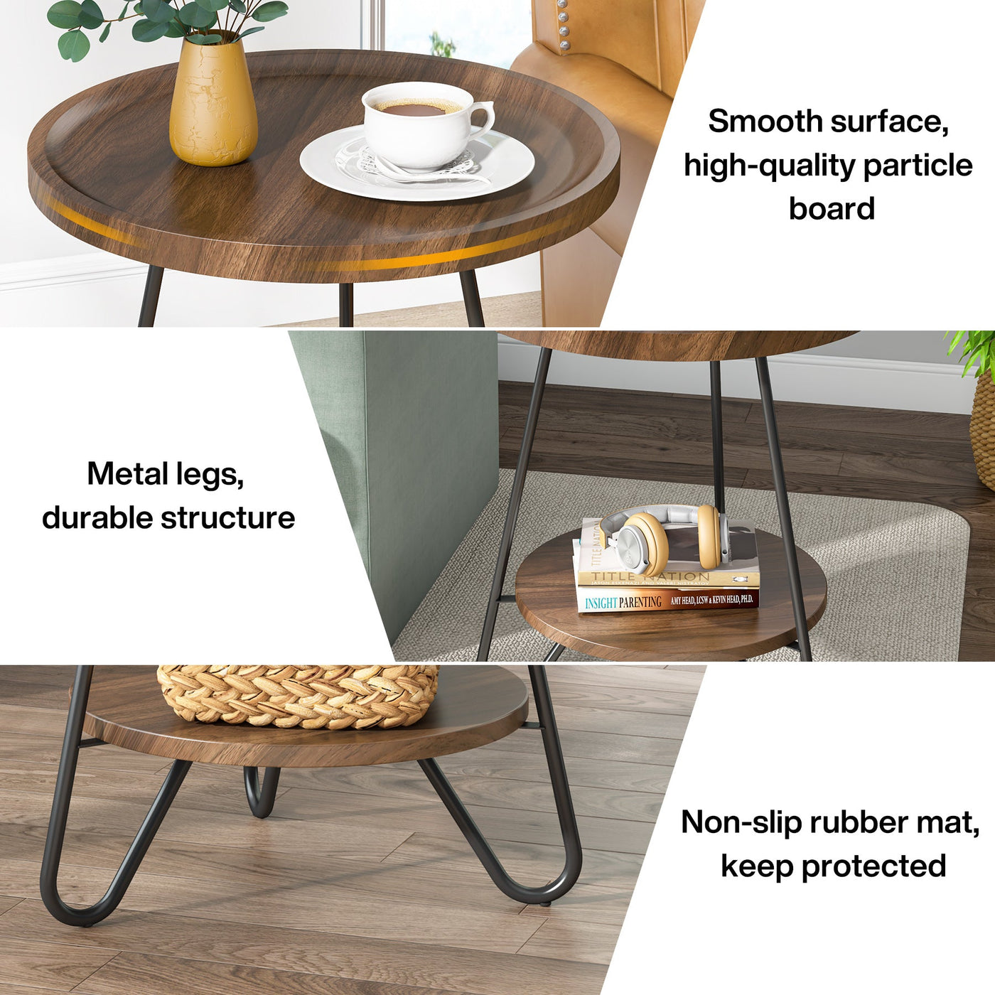 Tribesigns End Table, 2-Tier Round Side Table with Metal Legs-Tribesigns