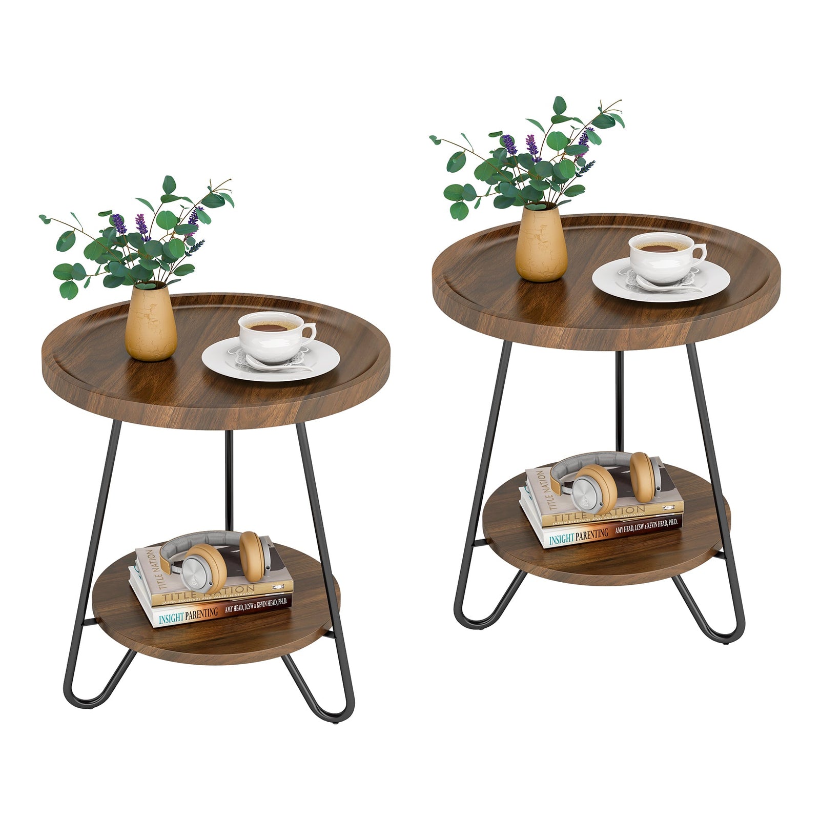 Tribesigns End Table, 2-Tier Round Side Table with Metal Legs-Tribesigns