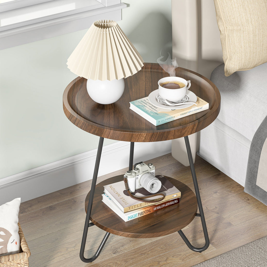 Tribesigns End Table, 2-Tier Round Side Table with Metal Legs-Tribesigns