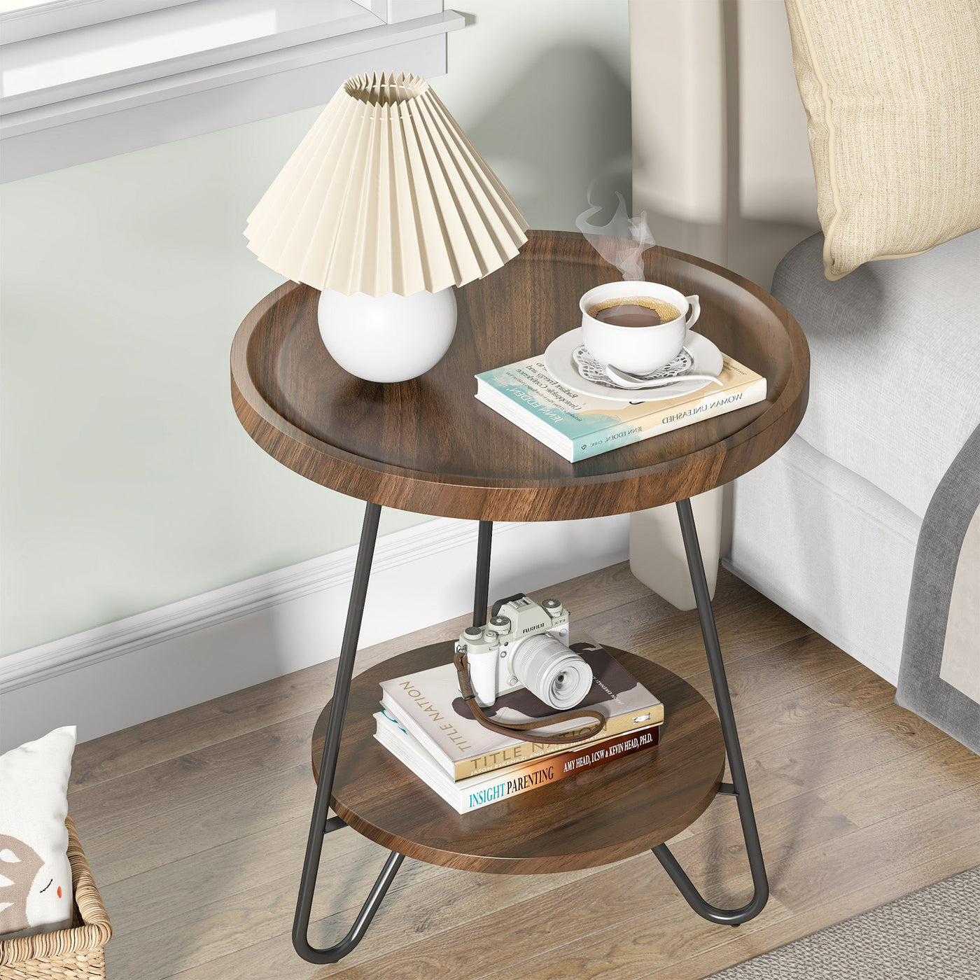 Tribesigns End Table, 2-Tier Round Side Table with Metal Legs