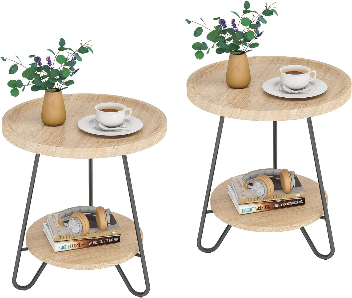 Tribesigns End Table, 2-Tier Round Side Table with Metal Legs