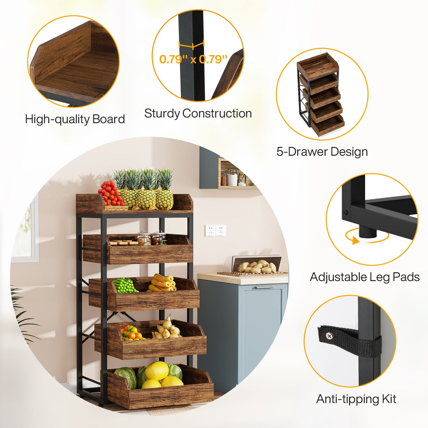 Tribesigns 5-Drawer Wood Fruit and Vegetable Storage Rack