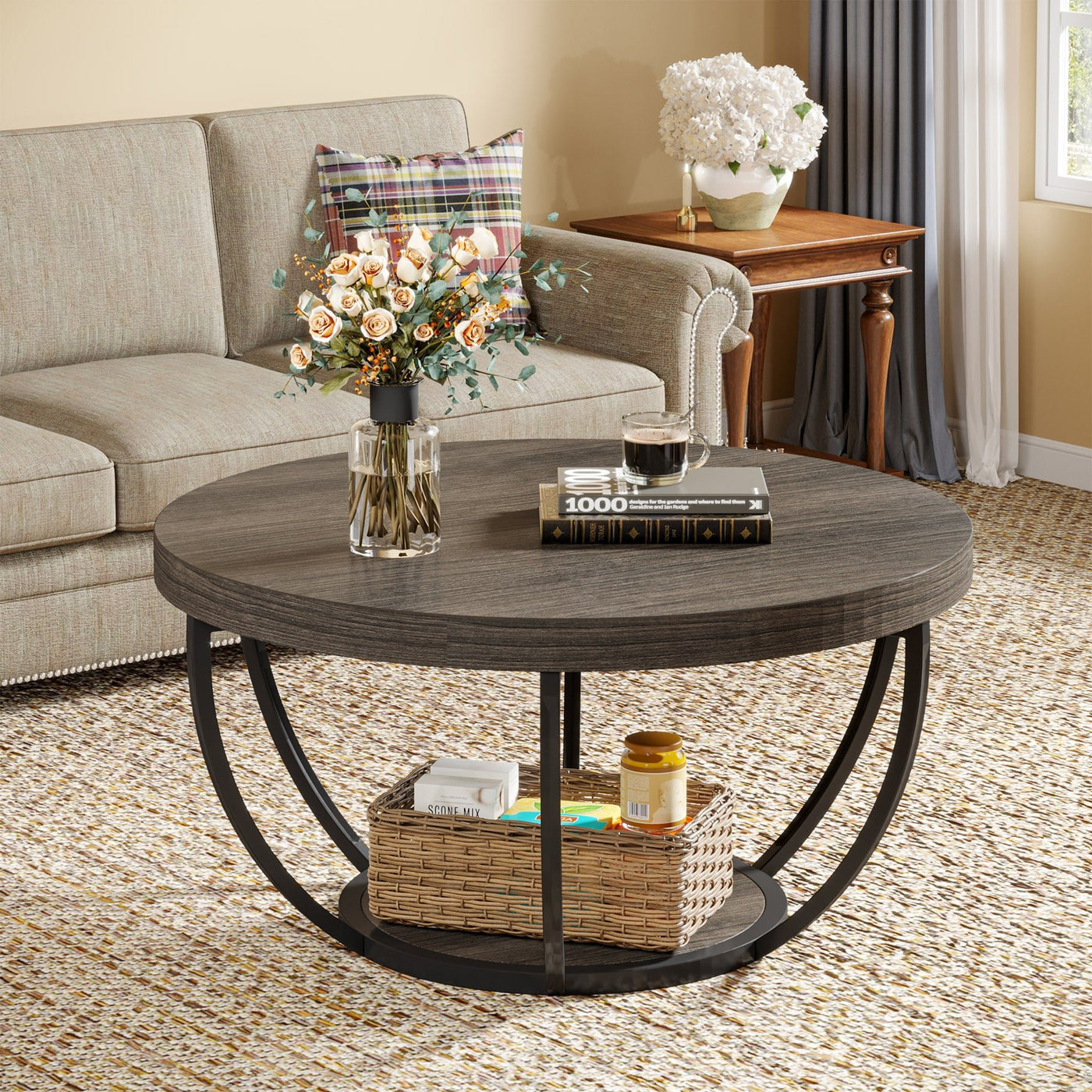 Tribesigns Coffee Table, 2-Tier Wooden Round Central Cocktail Table